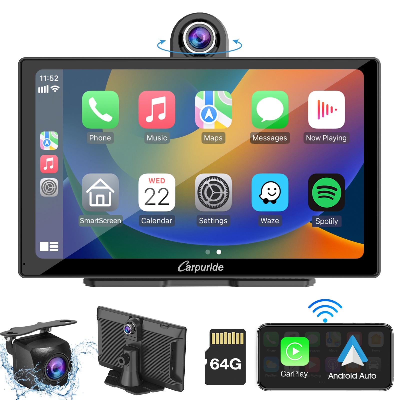 CARPURIDE W905 Portable Smart Multimedia Car Stereo with Dual Cameras