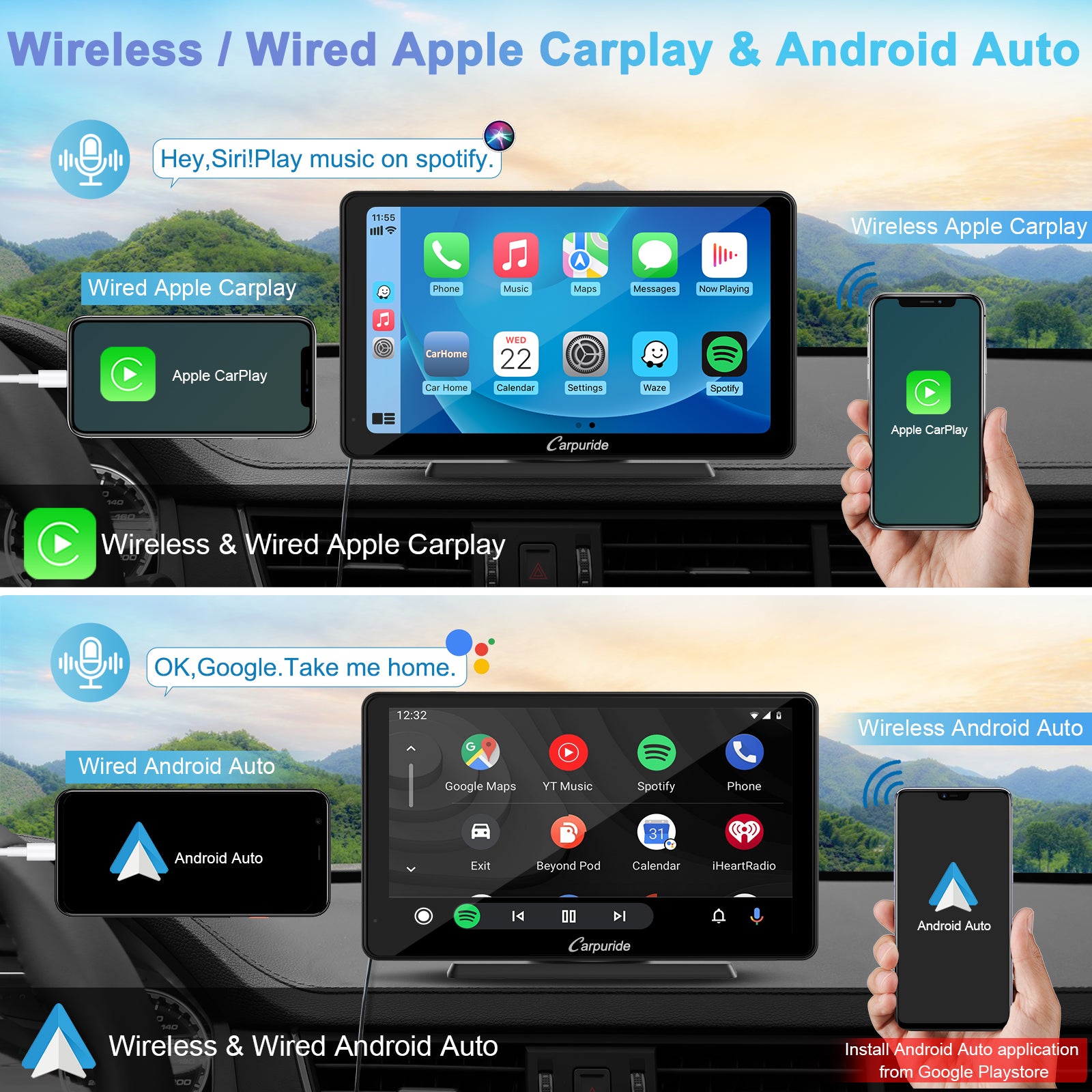 CARPURIDE C3 Portable Smart Multimedia Dashboard Console with Detachab