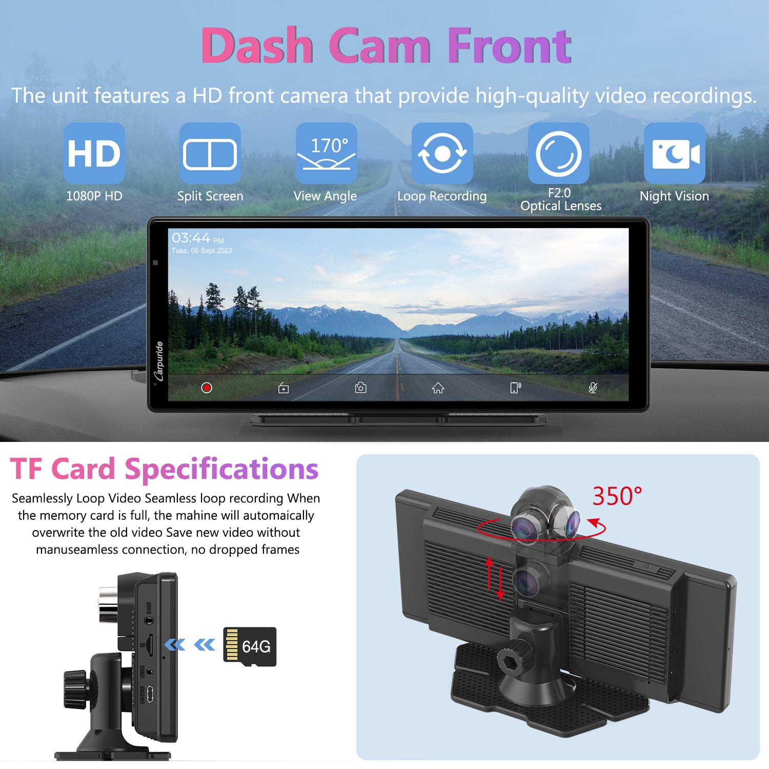 CARPURIDE W903 Portable Smart Multimedia Dashboard Console with Front