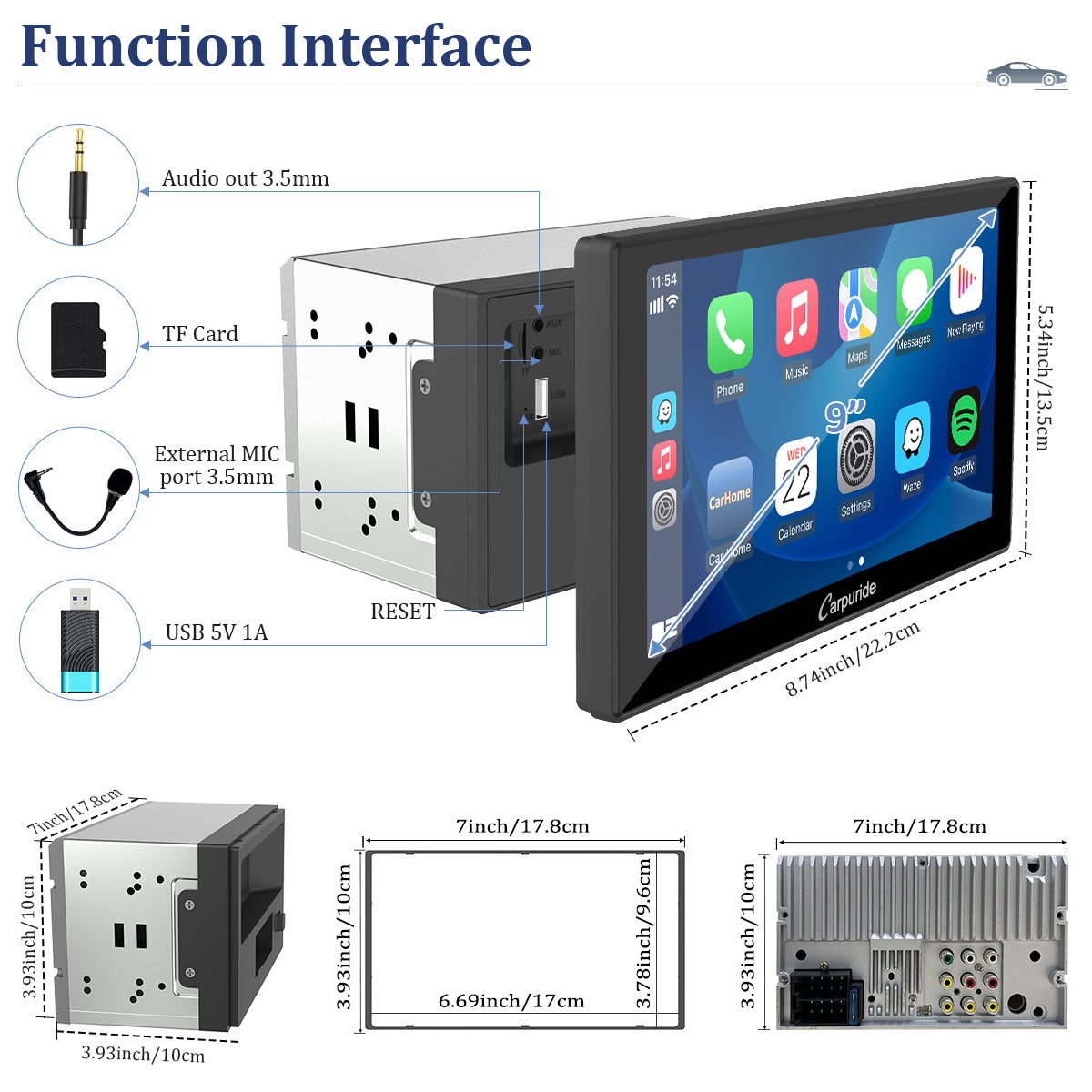 Double DIN Car Stereo with Apple CarPlay, Navigation, Bluetooth & Rear ...