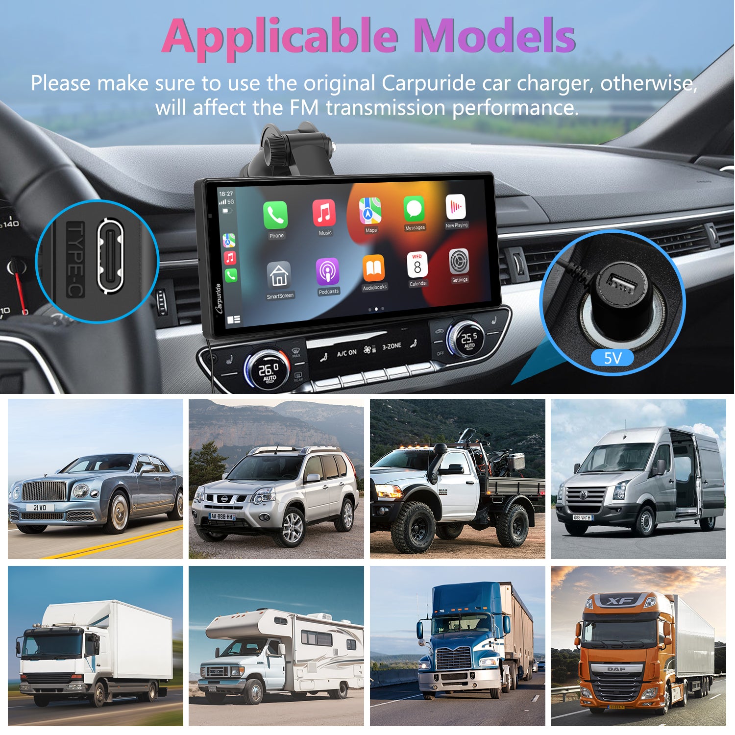 CARPURIDE W903 Portable Smart Multimedia Dashboard Console with Front