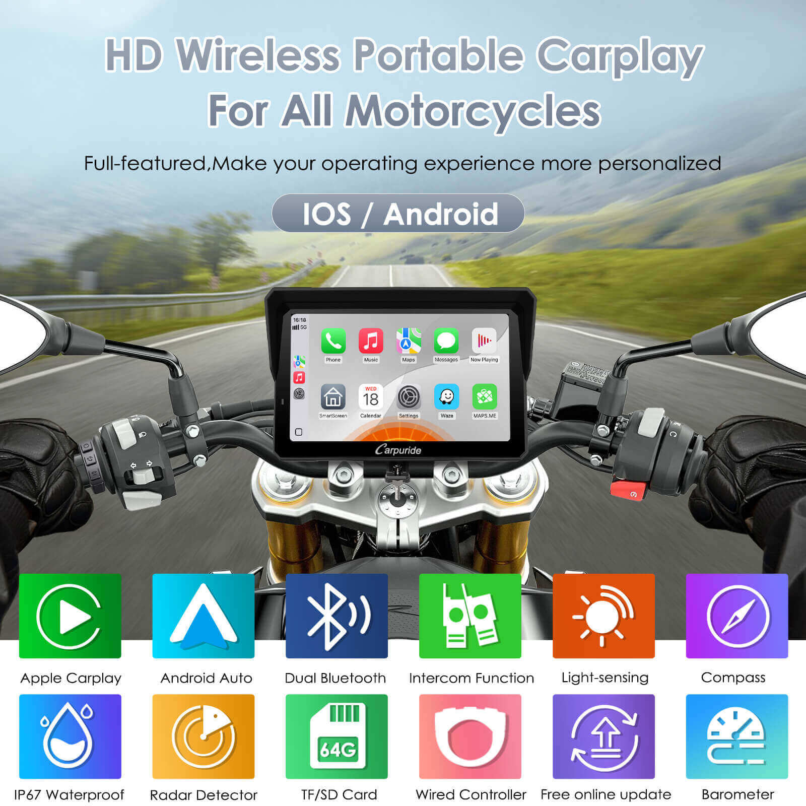 Motorcycle CarPlay System with Radar BSD, TPMS & SOS | 702RS Pro | Carpuride