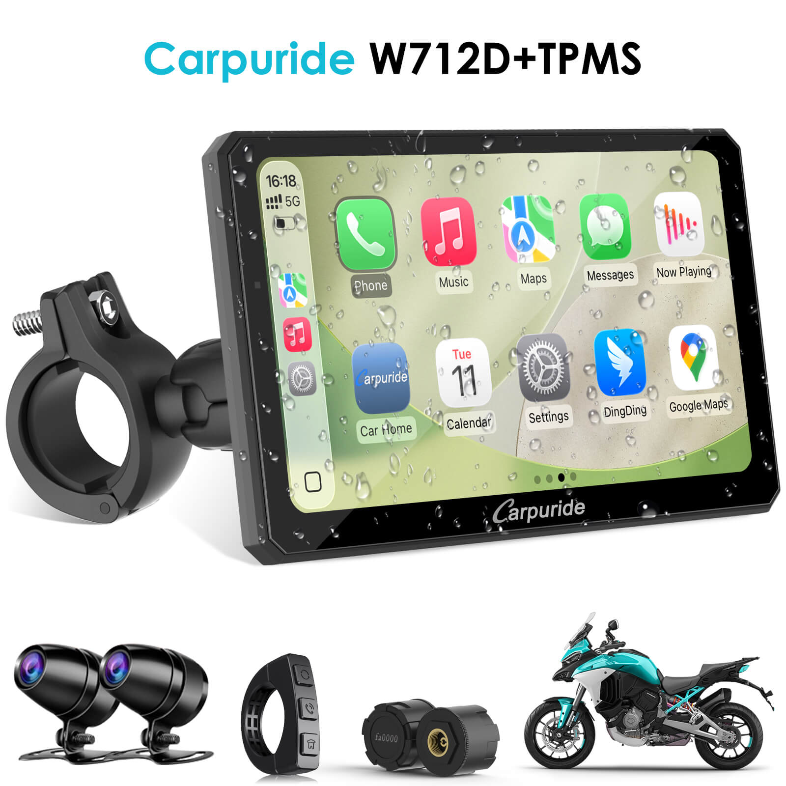 W712D with TPMS Option - Rotatable Motorcycle Stereo GPS & Dash Cam ...