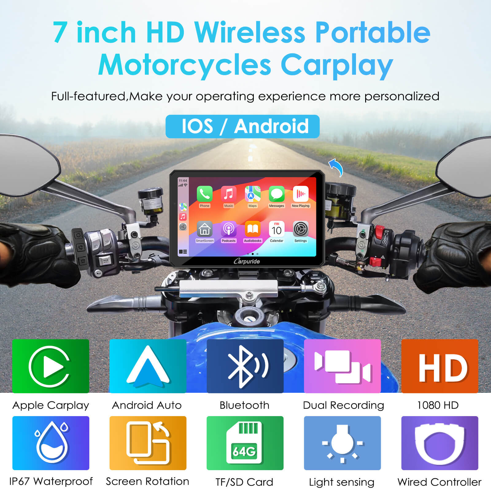 Carpuride W712D motorcycle gps | motorcycle dash cam | flip out radio