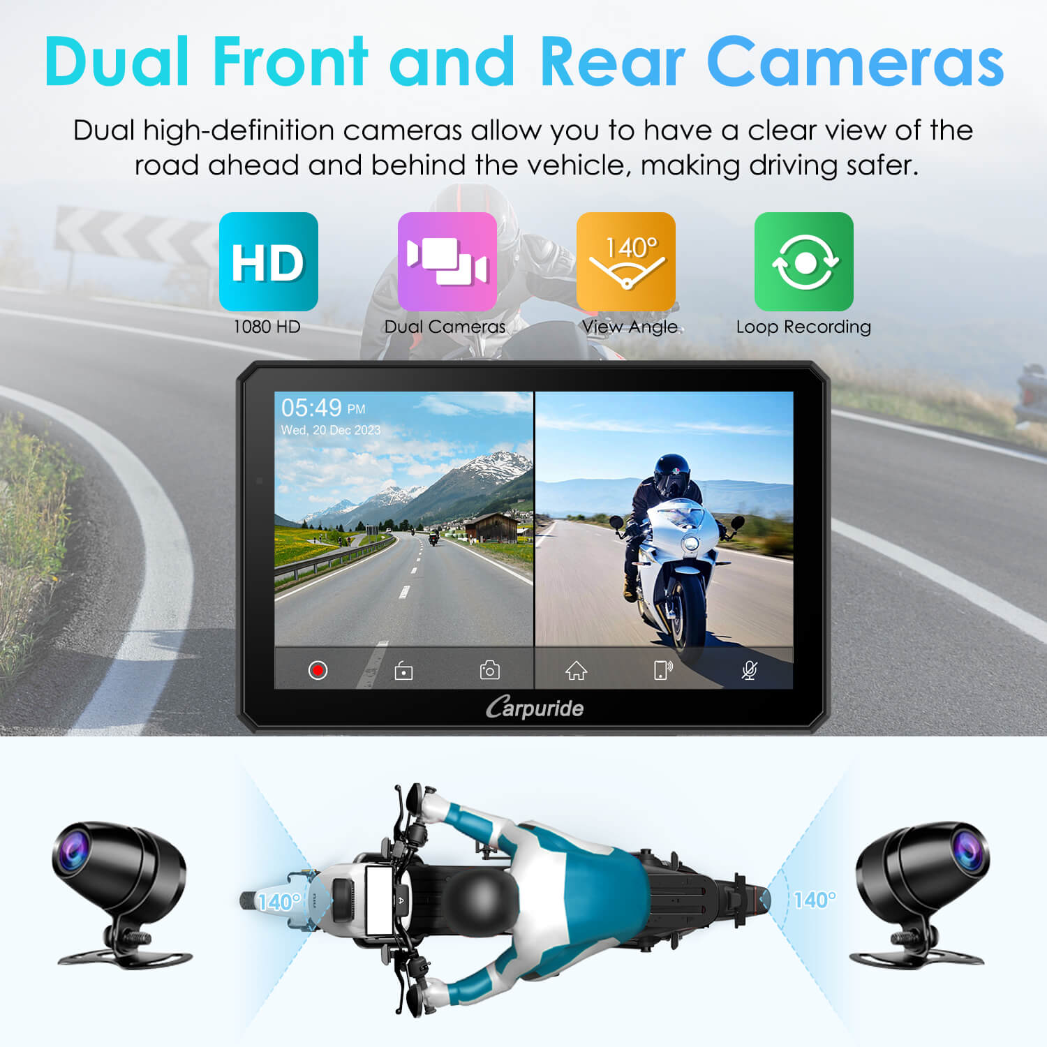 Carpuride W712D motorcycle gps | motorcycle dash cam | flip out radio