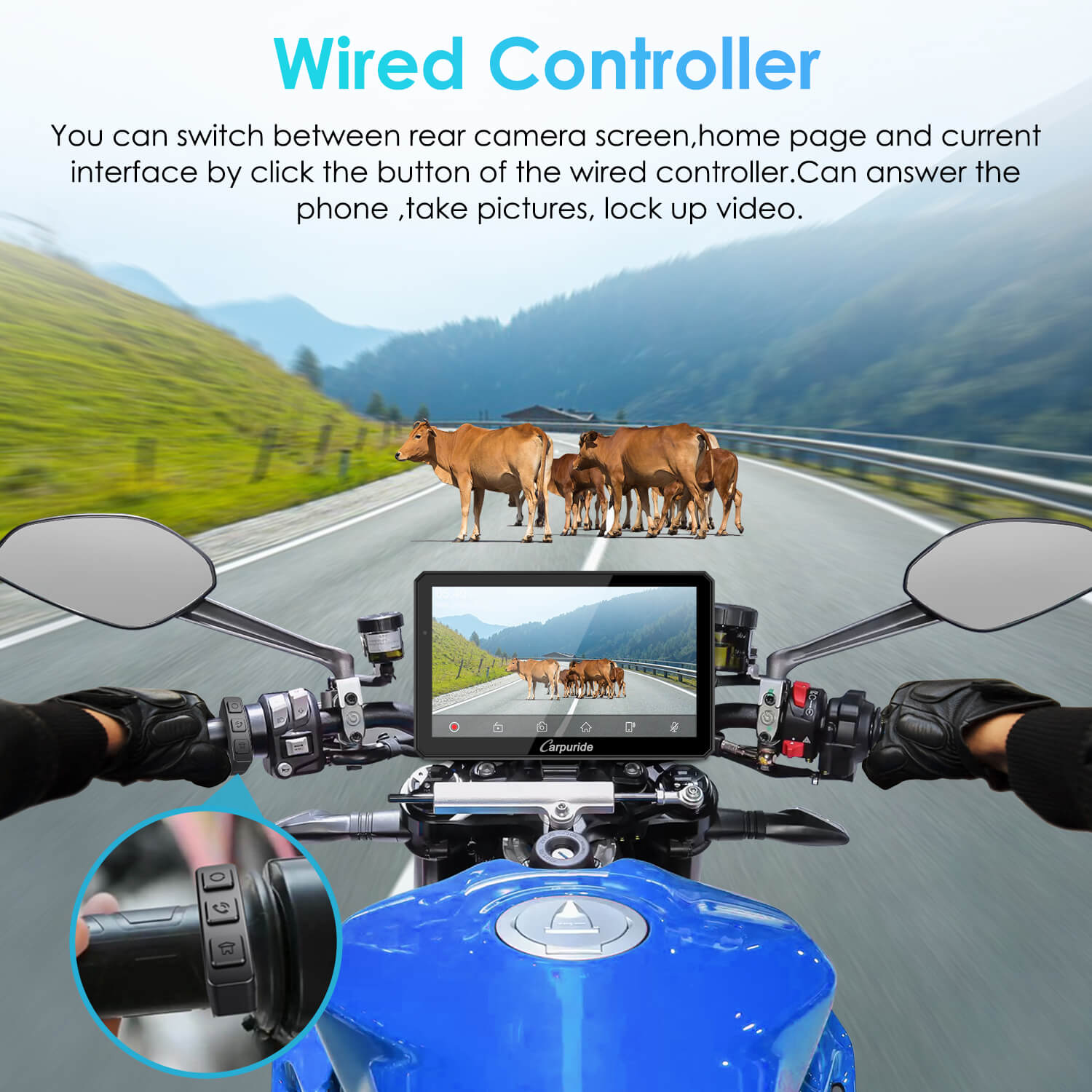 Carpuride W712D motorcycle gps | motorcycle dash cam | flip out radio