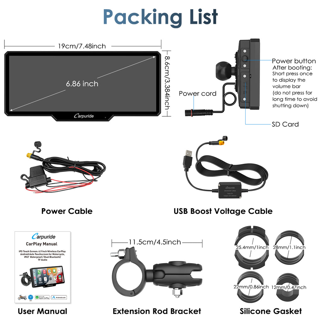 Portable CarPlay Dual Bluetooth Motorcycle | Motorcycle Stereo Systems | W619
