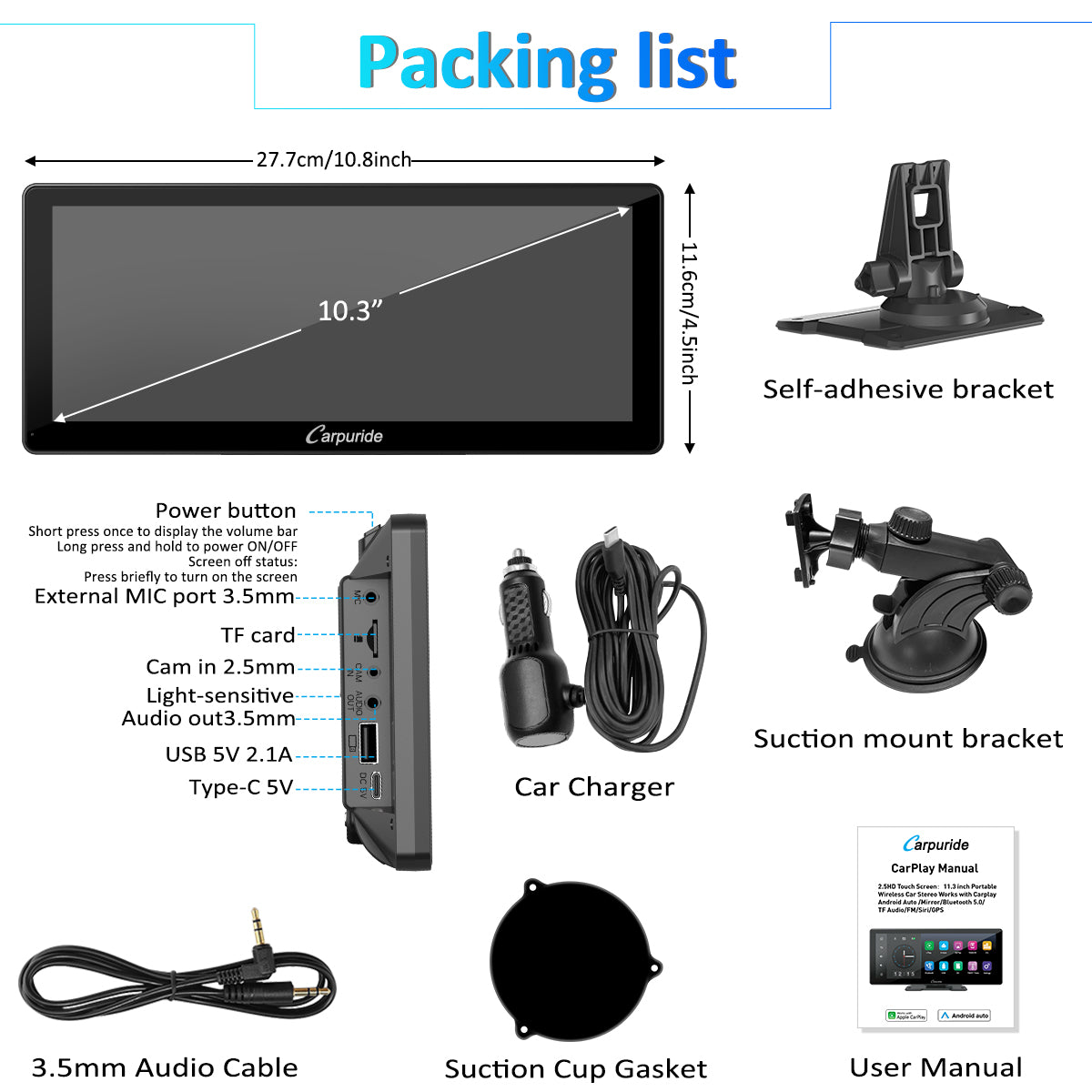 CARPURIDE W103 Pro Portable Smart Multimedia Dual Bluetooth Dashboard