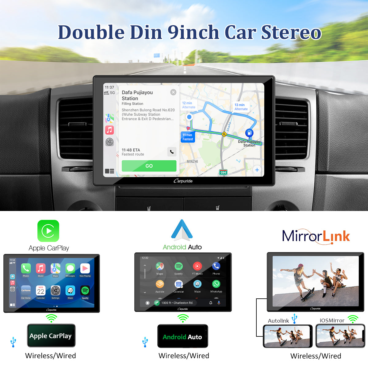 Double DIN Car Stereo with Apple CarPlay, Navigation, Bluetooth & Rear ...