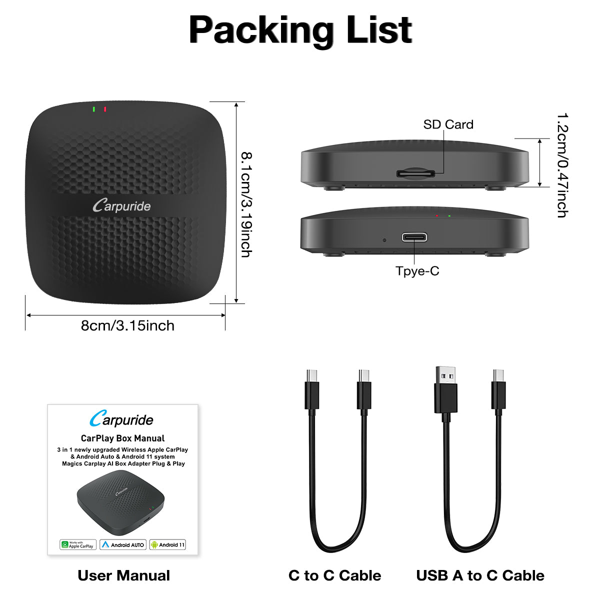 CARPURIDE H01 3 in 1 Android 11.0 Internet AI Box - Wireless Apple Car
